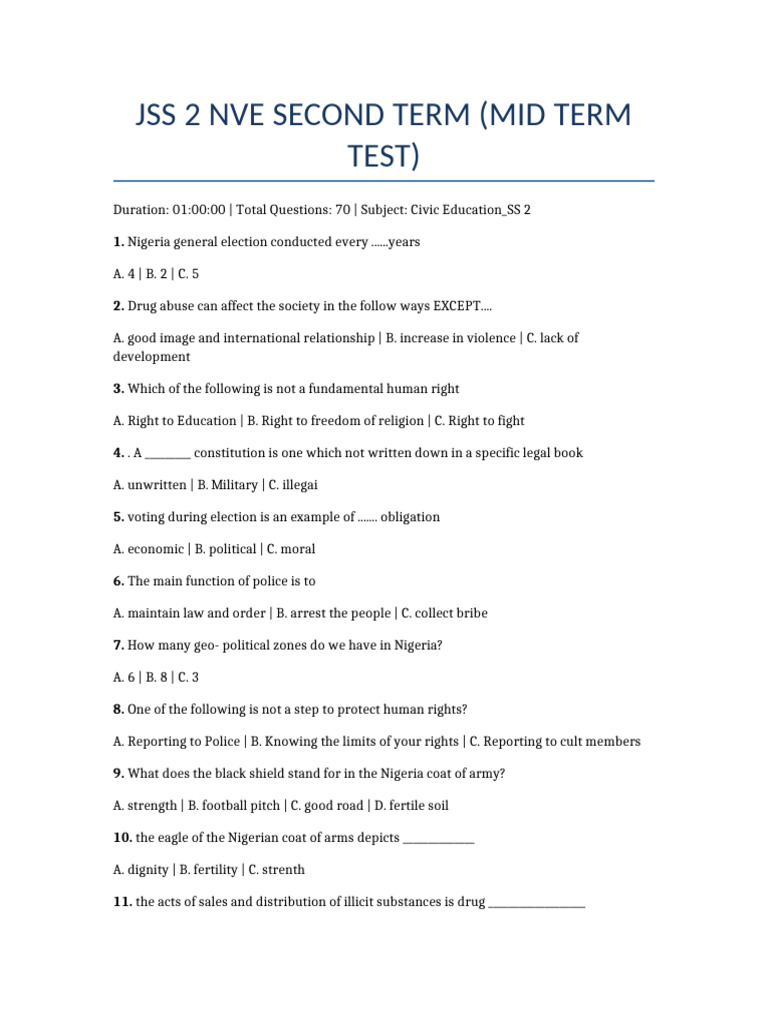 JSS 2 Nve Second Term (Mid Term Test) | PDF | Human Rights | Rule Of Law