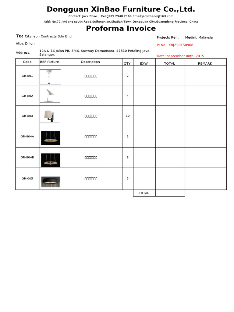 Proforma Invoice - Balance - Copy2灯饰 | PDF | Furniture