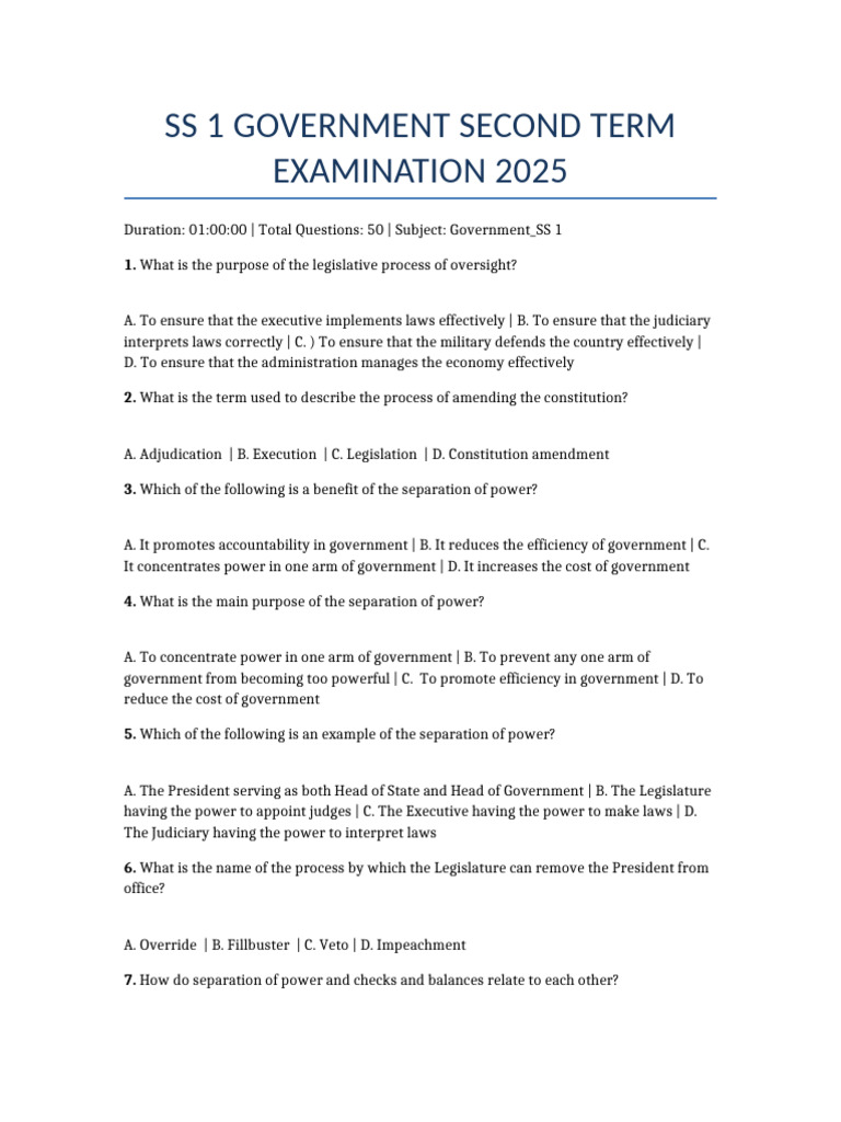 SS 1 Government Second Term Examination 2025 | PDF | Rule Of Law ...