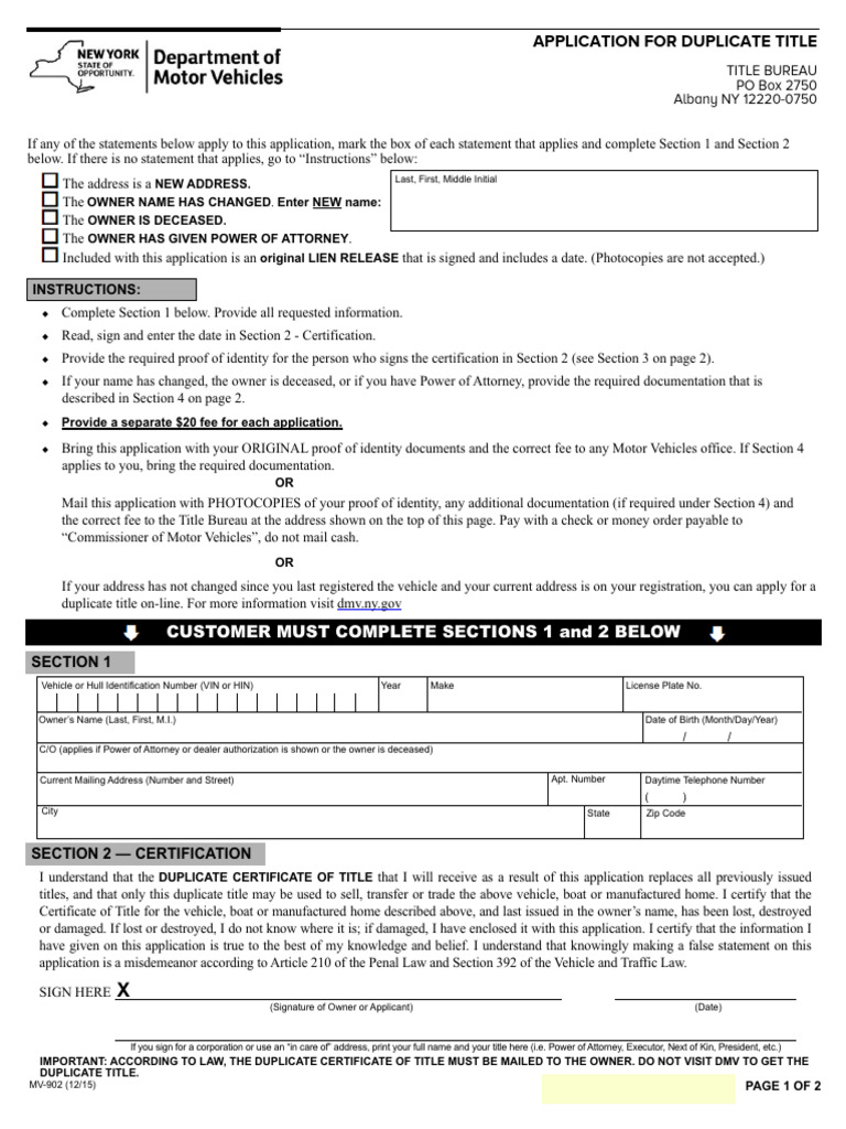 NY Duplicate Title Application Form | PDF | Department Of Motor ...