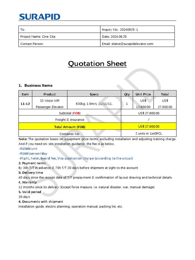 Quotation of Passenger Elevator MR - Cine Cita 20240925 | PDF ...