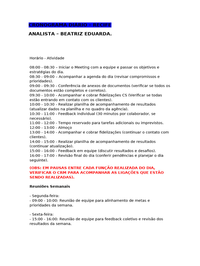 Cronograma Diário - Analista Beatriz Eduarda. | PDF