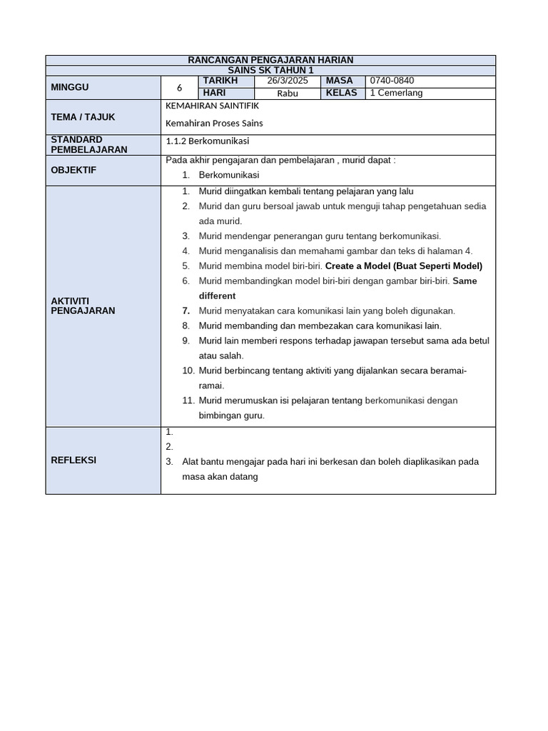 Minggu 6 - RPH Sains Tahun 1 | PDF