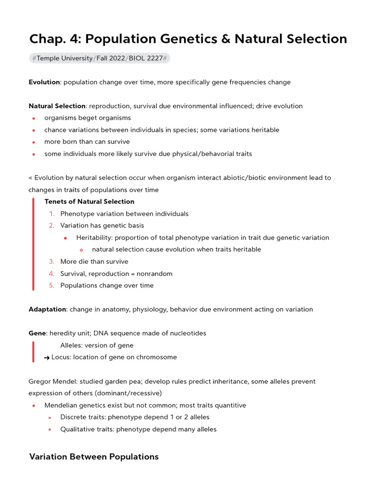 Temple University BIOL 2227 Chap. 4 Population Genetics & Natural ...