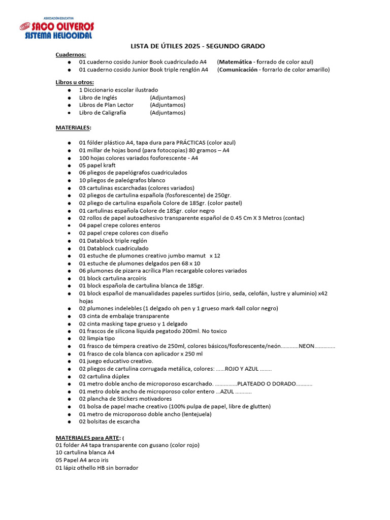 LISTA DE ÚTILES 2025 - 2do GRADO - 2025 ABREGU MIRANDA | PDF