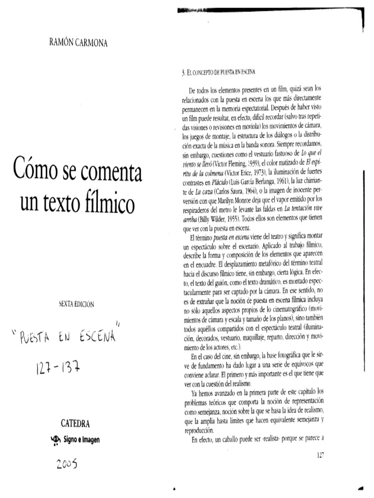 Cómo se comenta un texto fílmico [Puesta en escena] - Ramón Carmona | PDF