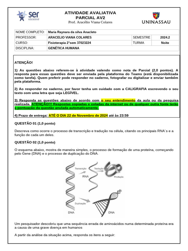 Cópia de Atividade Avaliativa - Parcial AV2 - Genética Humana | PDF | RNA mensageiro | RNA