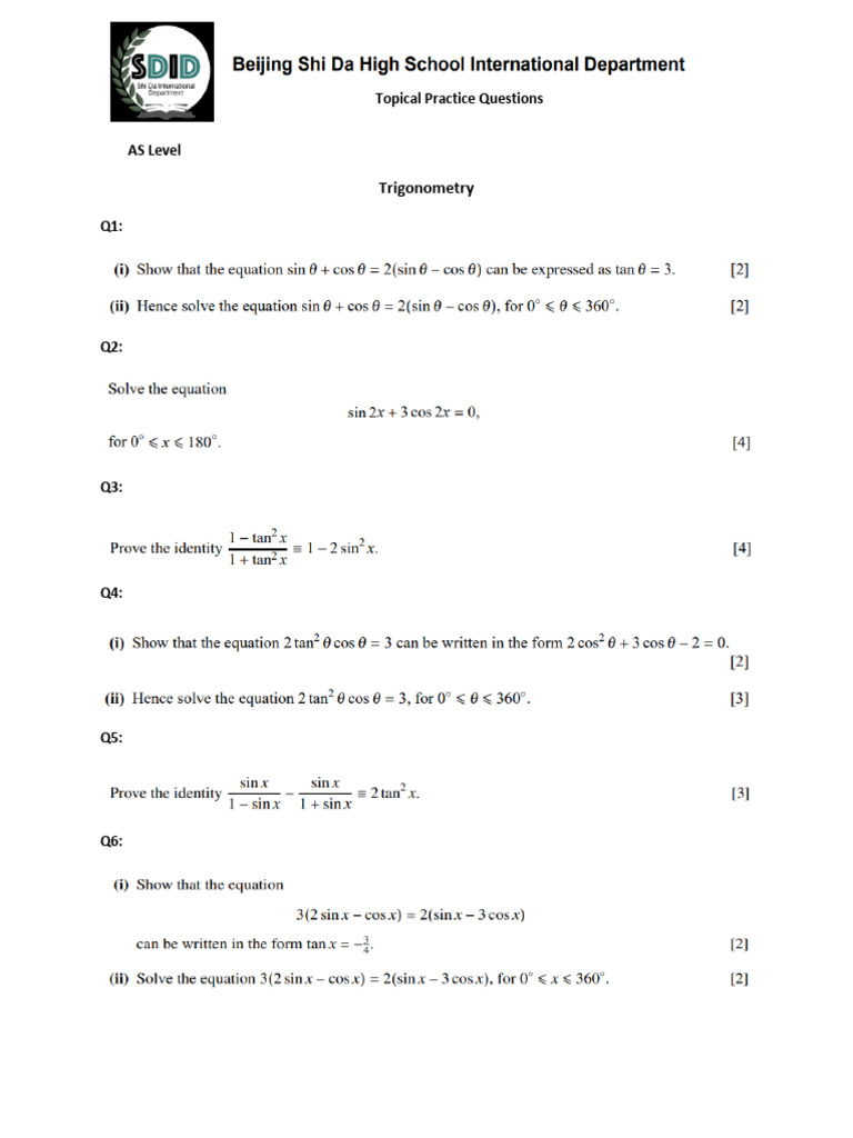 AS Level Trigonometry Practice Questions | PDF