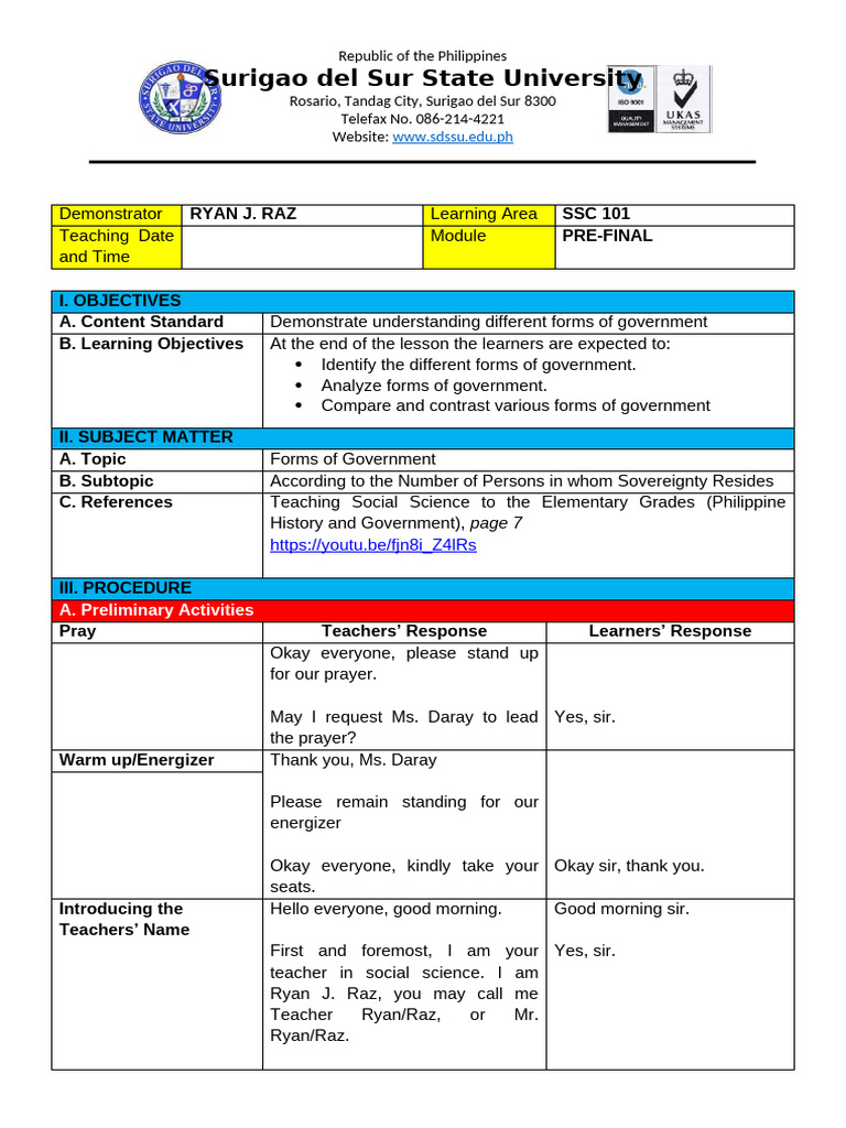 Detailed Lesson Plan in SSC | PDF | Government | Monarchy