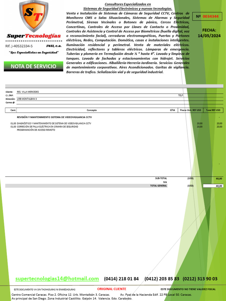 Nota de Servicio Cctv Sistema de Videovigilancia Res Villa Mercedes ...