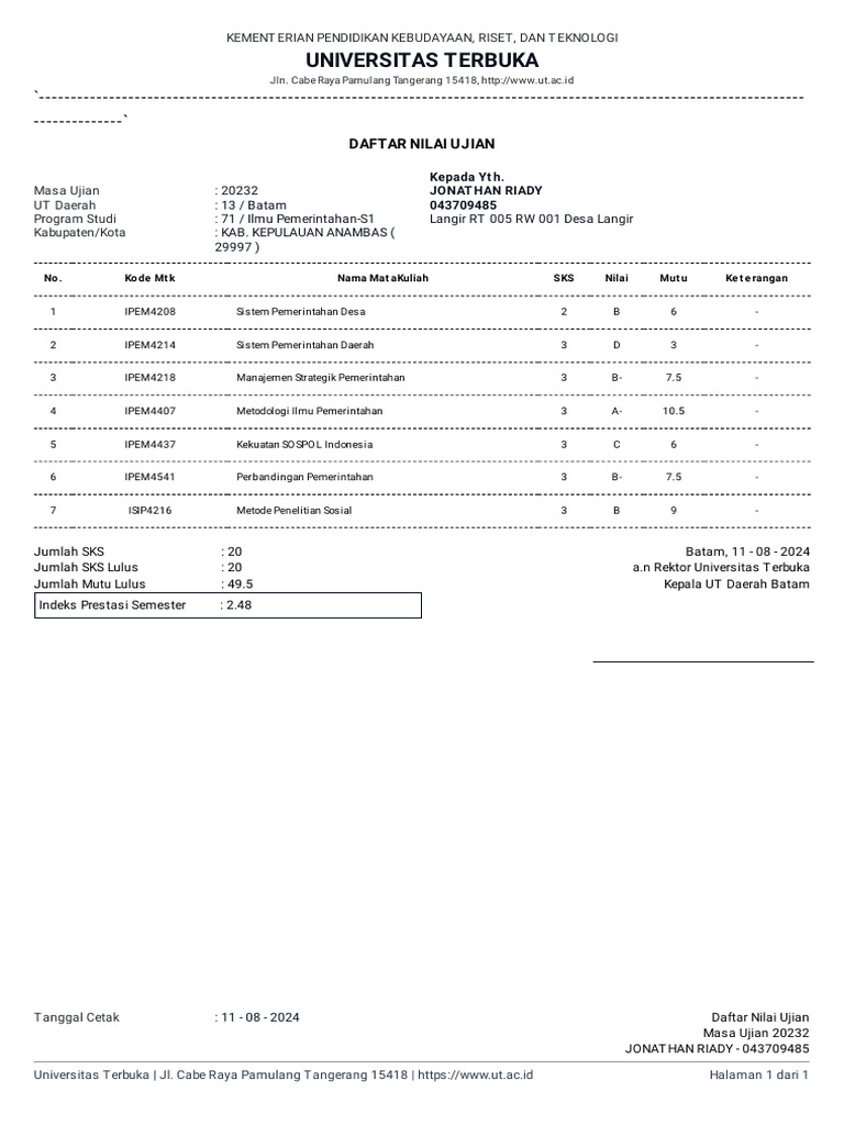 UT Nilai - Sistem Informasi Akademik | PDF
