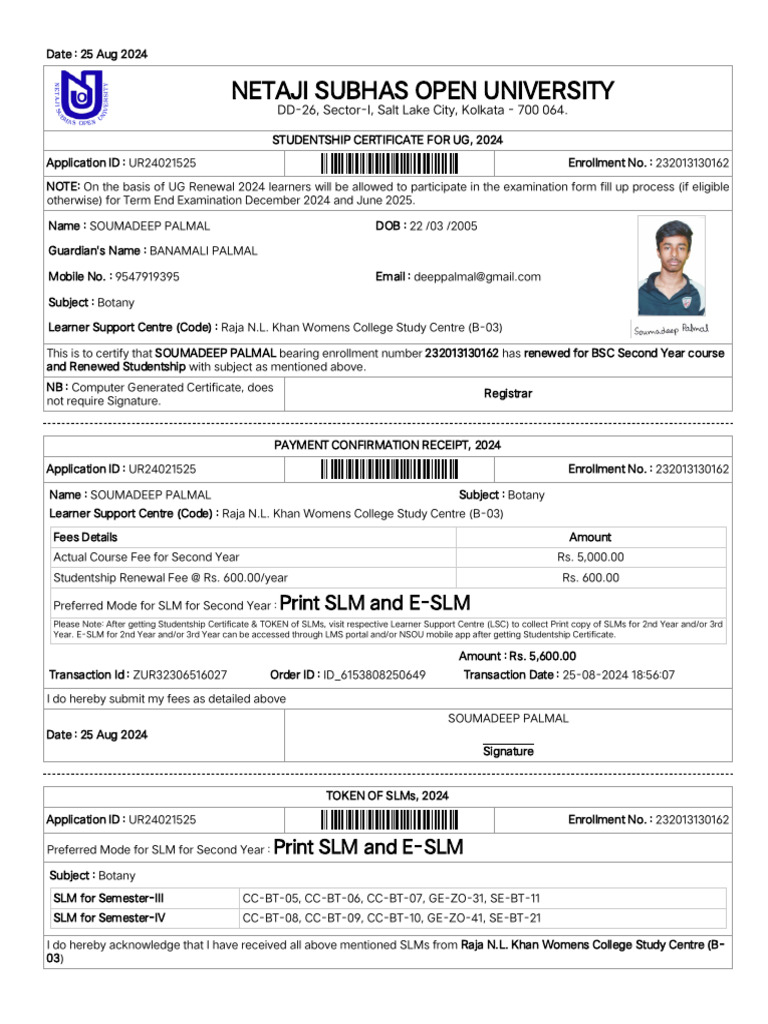 NSOU - UG Renewal - Studentship Certificate | PDF