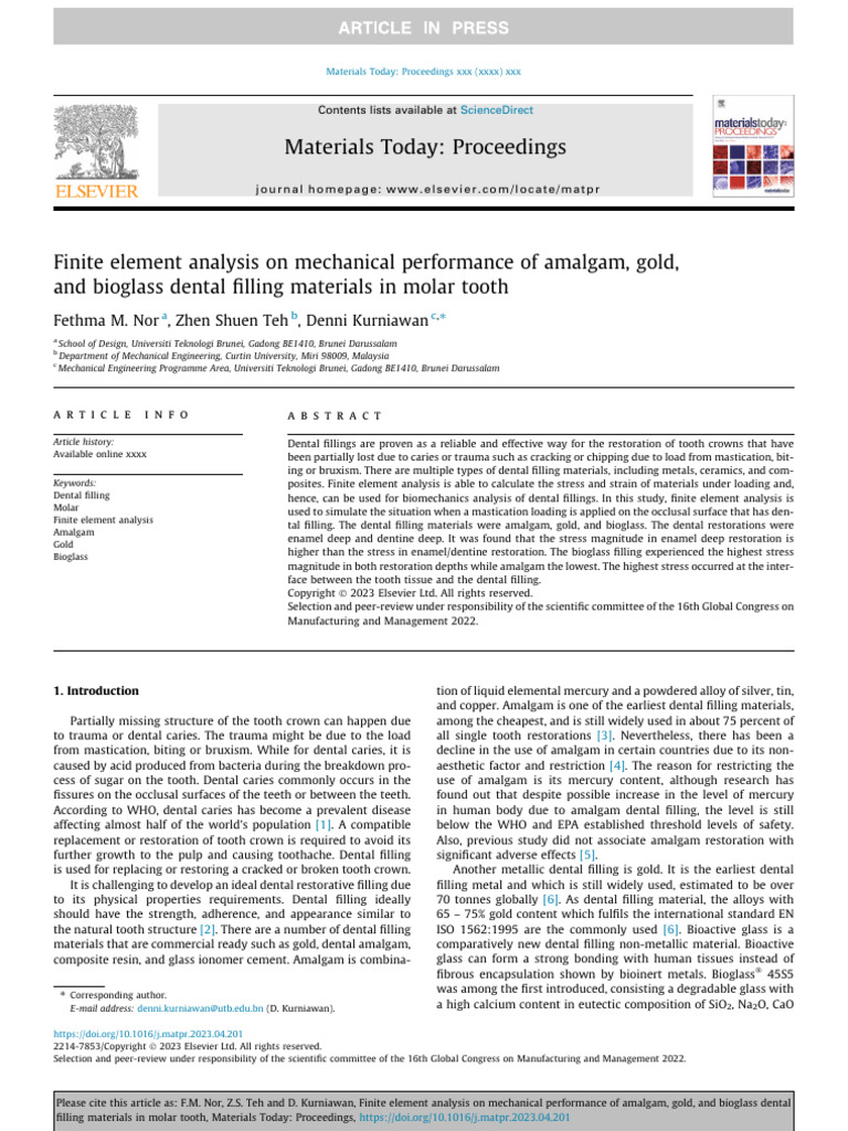 finite element analysis on mechanical performance | PDF | Tooth Enamel | Dentin