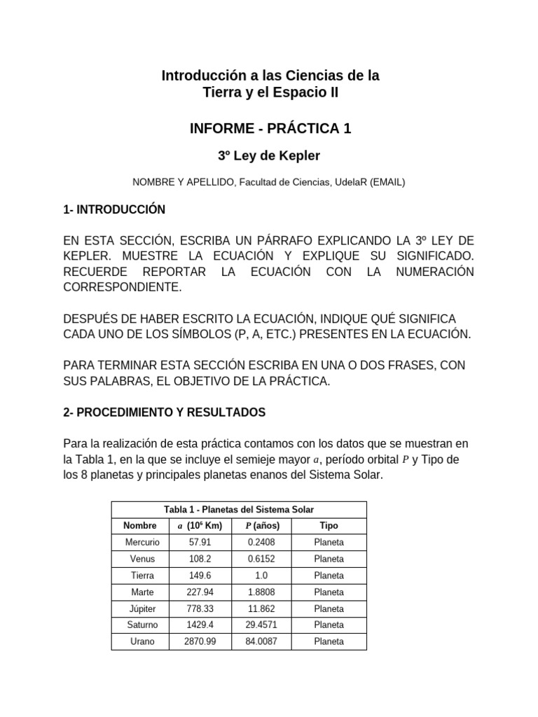 PrÃ¡ctica 1 - Informe para Rellenar | PDF | Planetas | Sistema solar