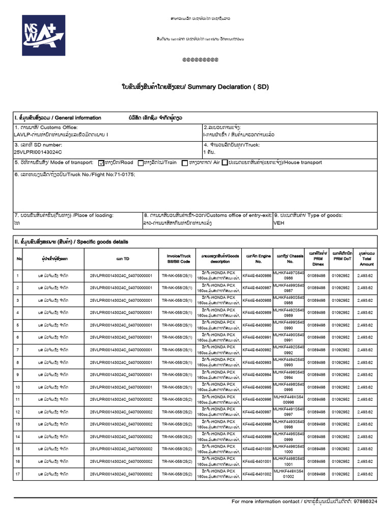 ໃບຂົນສົ່ງສີນຄ້າໂດຍສັງເຂບ/ Summary Declaration (SD) : Lao People's ...