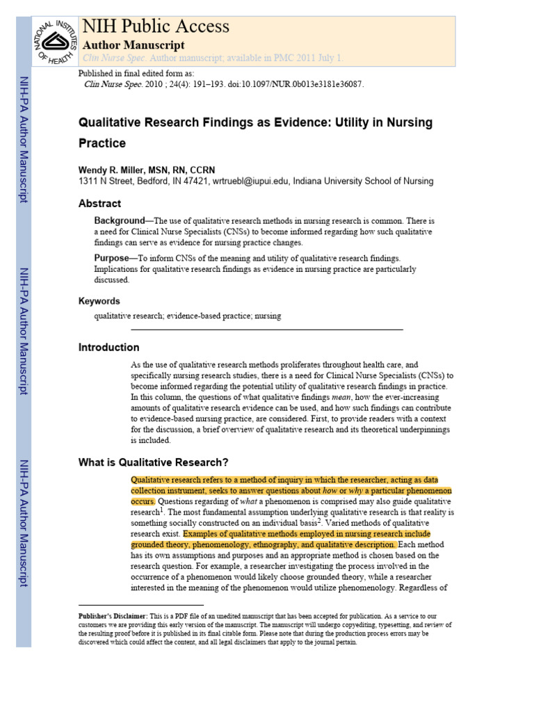(Miller, 2010) Qualitative Research Findings As Evidence - Utility in ...