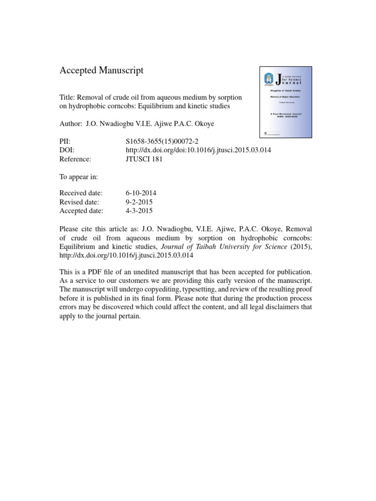 Crude Oil Removal Using Acetylated Corn Cobs | PDF | Adsorption | Chemistry