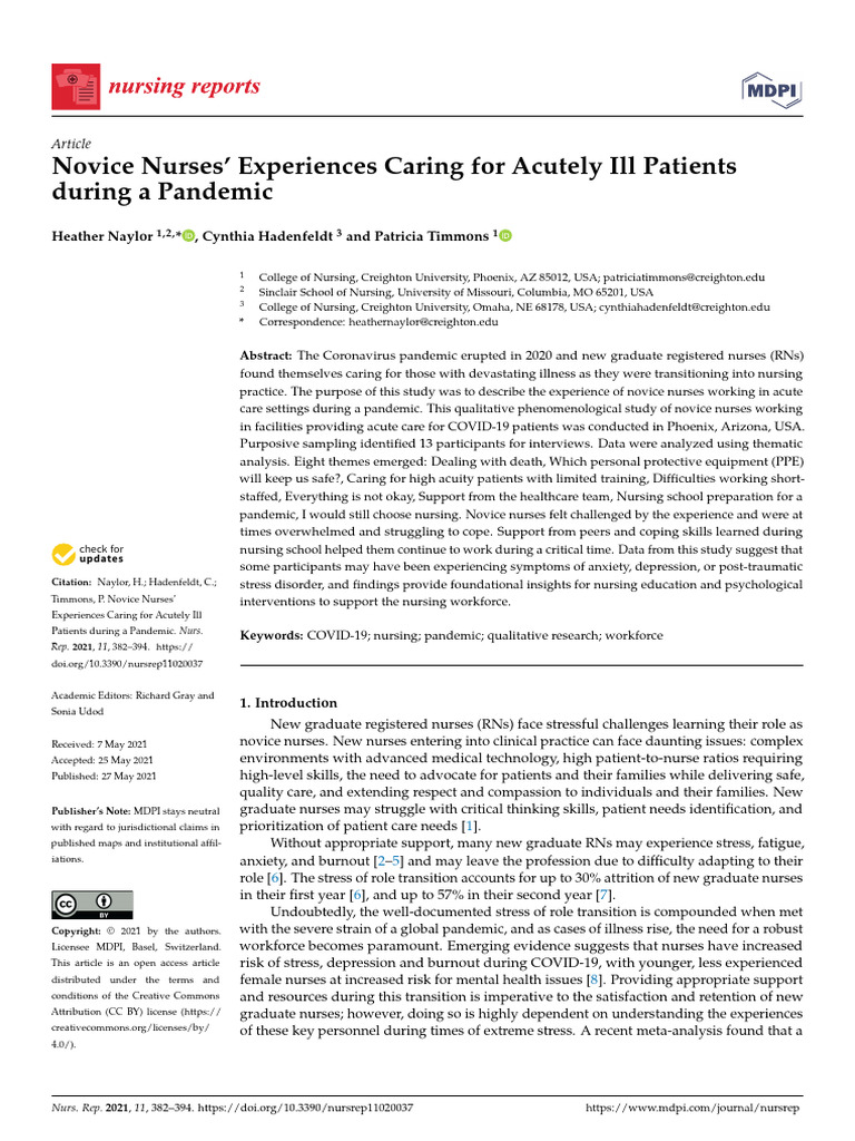(Naylor Et Al., 2021) Novice Nurses' Experiences Caring For Acutely Ill ...