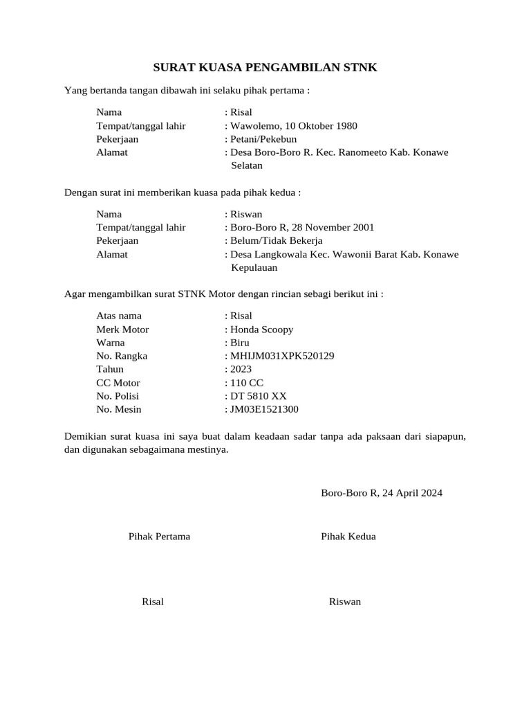 Surat Kuasa Pengambilan STNK | PDF