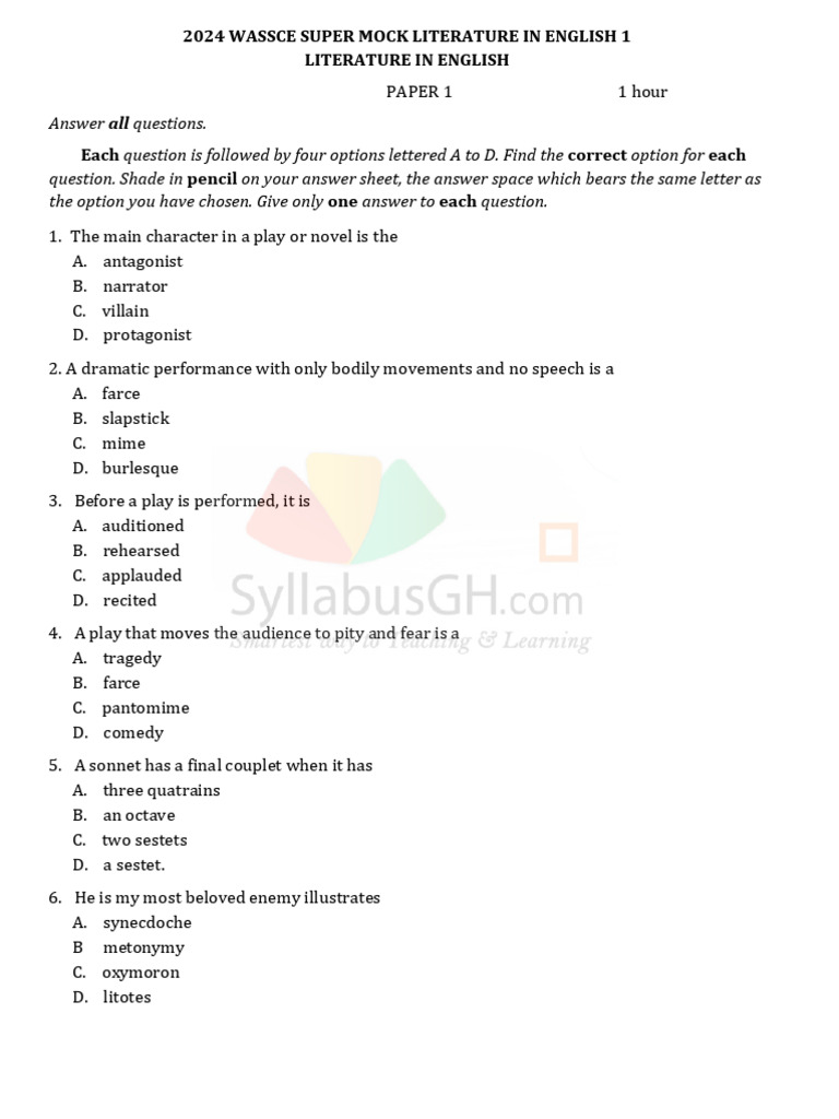 2024 WASSCE Literature Mock Questions | PDF