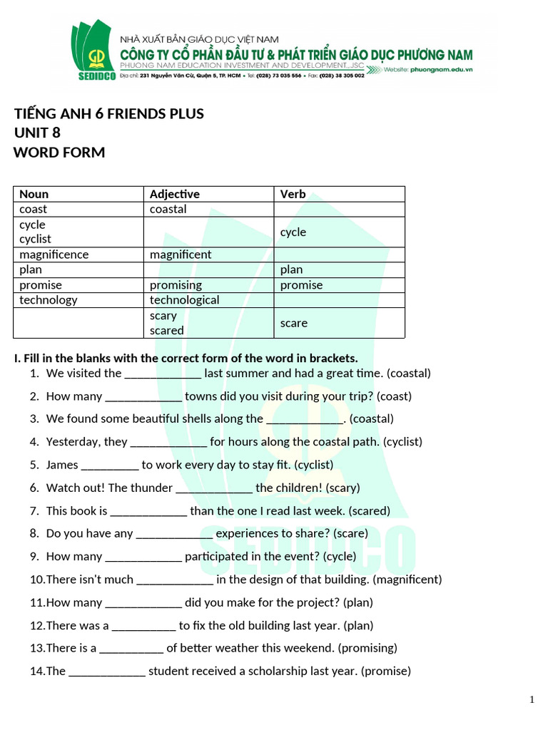 Tiếng Anh 6 Friends Plus - Word Form - Unit - 8 | PDF | Language ...