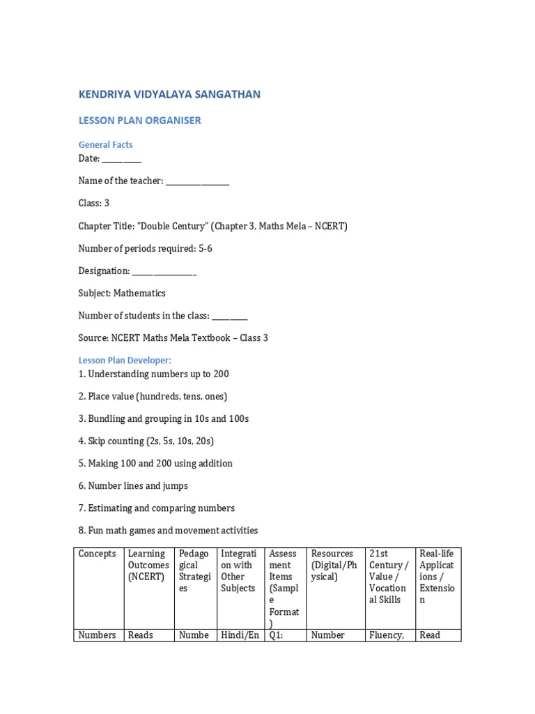 Class 3 Maths Lesson Plan: Double Century | PDF | Learning