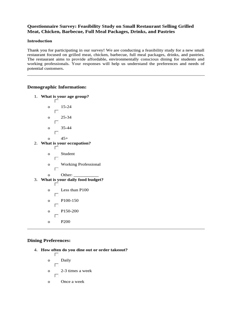 Feasibility Survey for Grilled Restaurant | PDF | Restaurants | Grilling