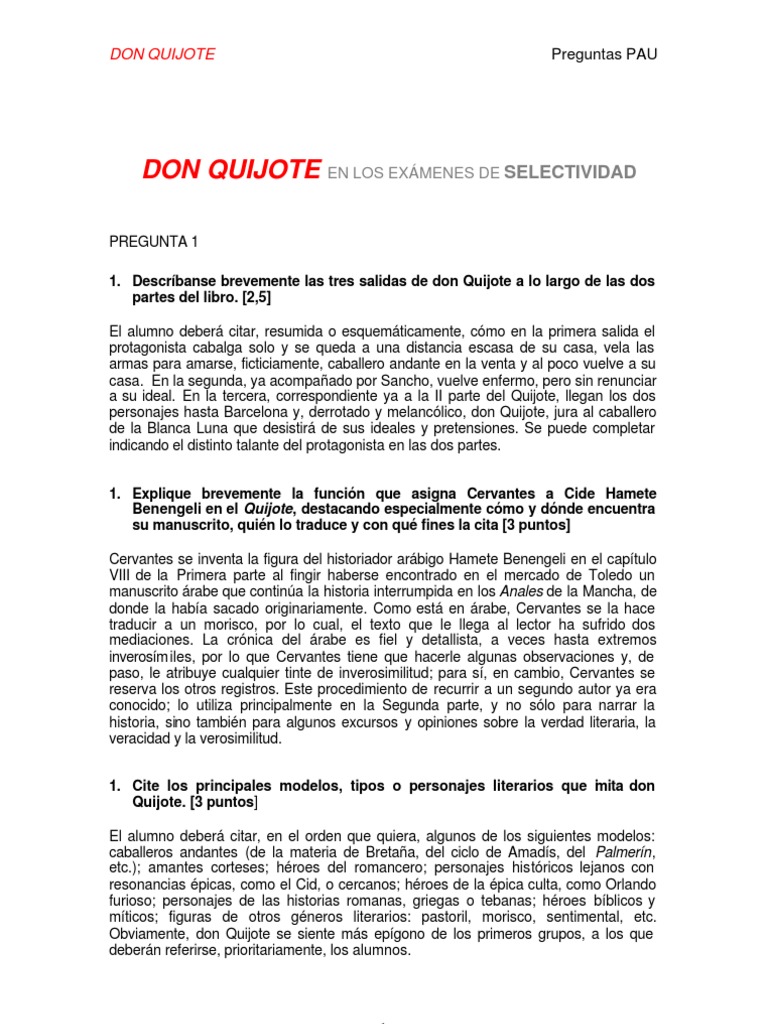 Preguntas PAU sobre Don Quijote | PDF | Don Quijote | Miguel De Cervantes