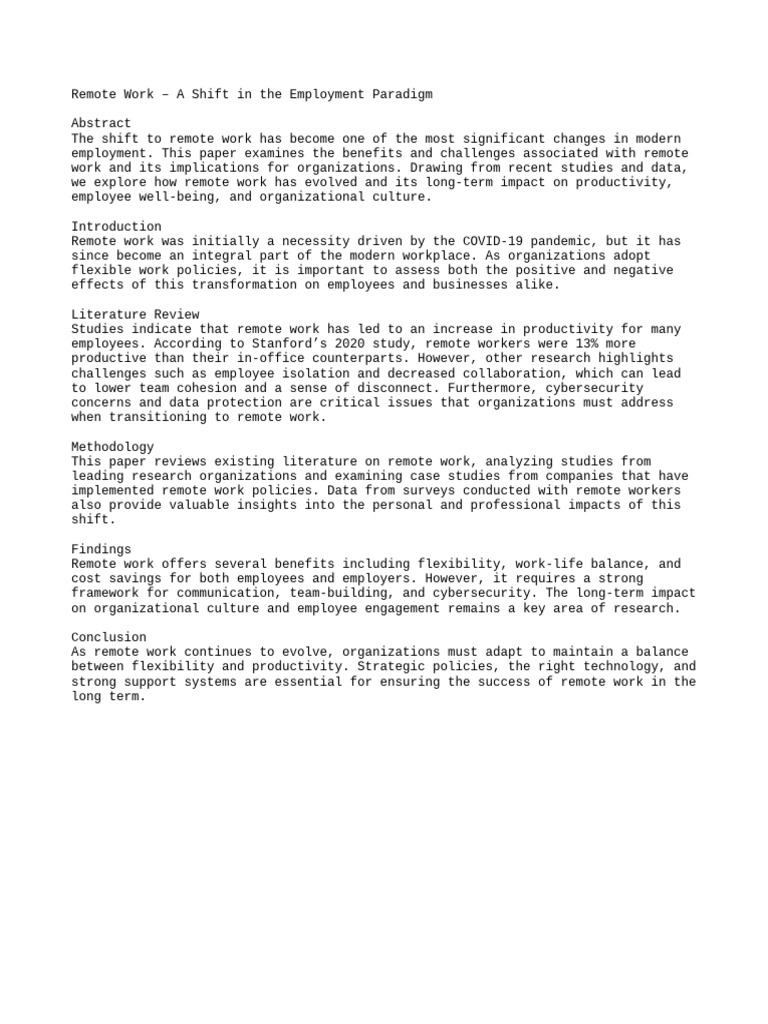 Remote Work - A Shift in The Employment Paradigm (Academic Paper) | PDF