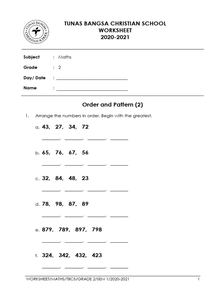 Worksheet - Order and Pattern | PDF