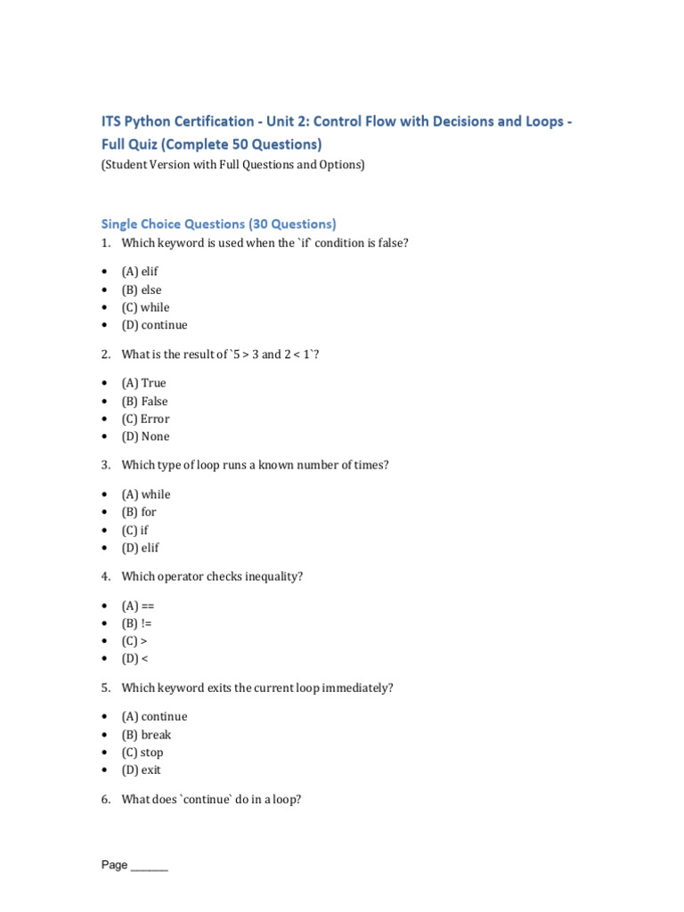 python_unit2_quiz_full_final_ready | PDF | Control Flow | Mathematical Logic