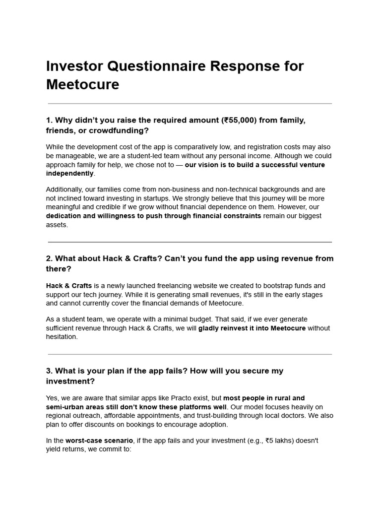 Investor Questionnaire Response For Meetocure | PDF | Investing | Economies
