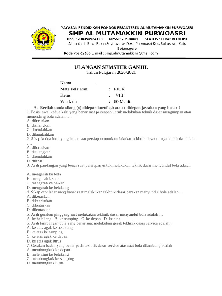 Soal UAS Kelas 8 SMT 1 New | PDF