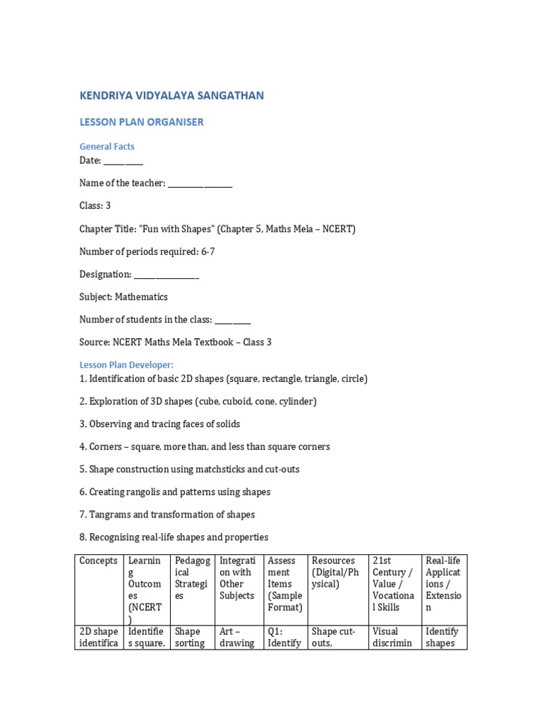 Class 3 Maths: Fun with Shapes Lesson Plan | PDF | Shape