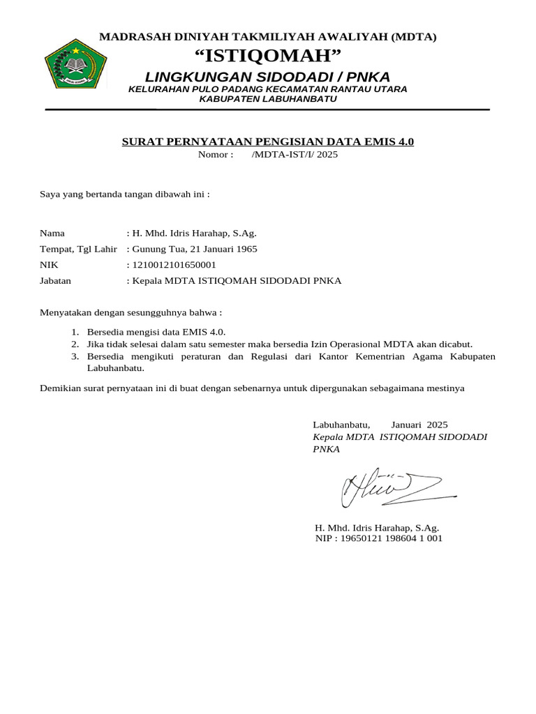 Surat Pernyataan Bersedia Mengisi DATA EMIS 4.0 Semester Genap T.P 2024-2025 | PDF