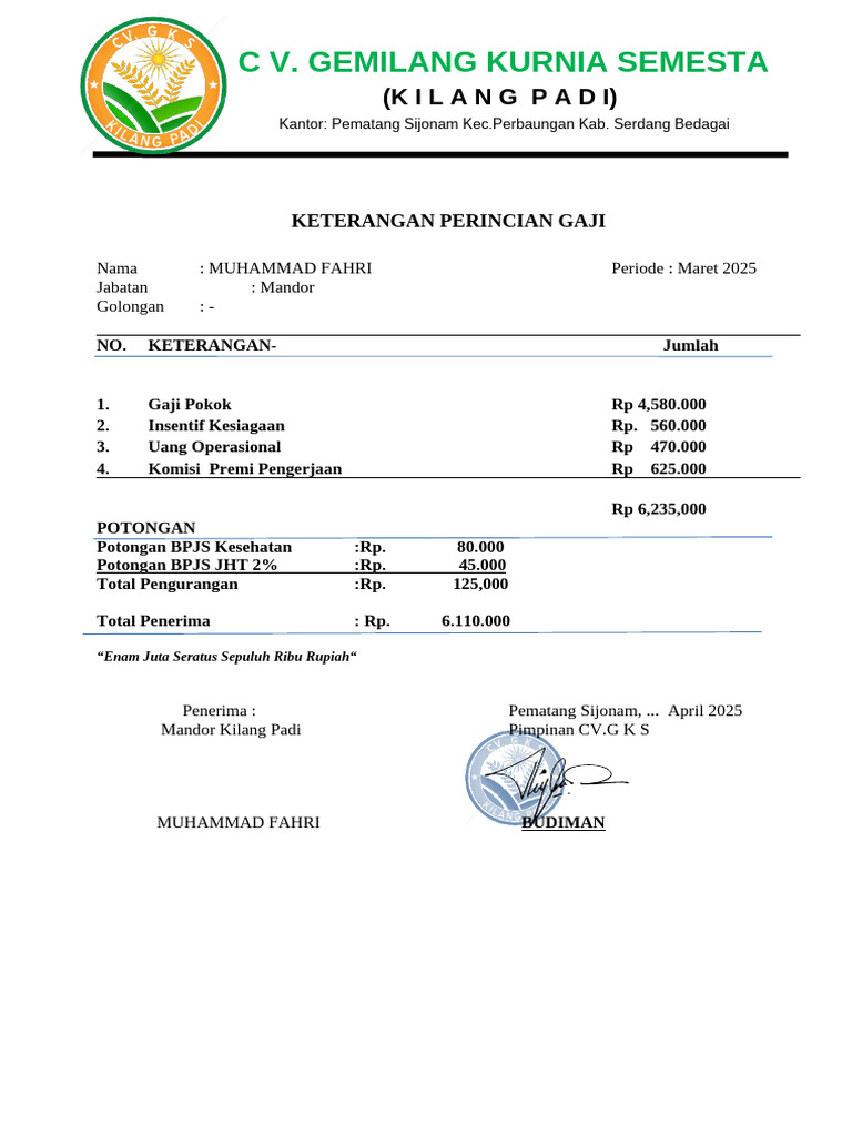 Slip Gaji Ulan Muhammad Fahri | PDF