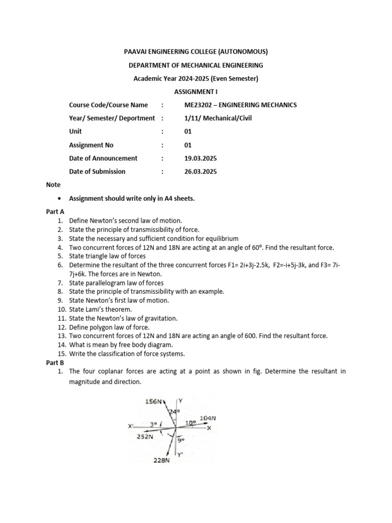Me23202 - Engineering Mechanics Assignment 1 | PDF | Force | Physics