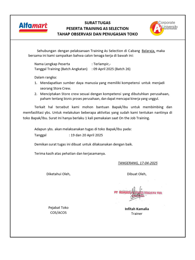 Surat Izin Observasi Dan Penugasan Toko Batch 26 | PDF