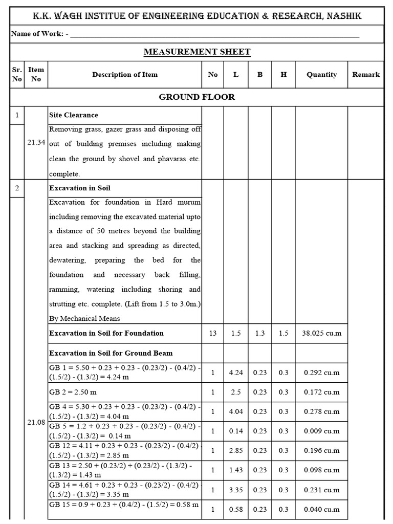 Excavation and R.C.C. Measurement Sheet | PDF | Concrete | Masonry