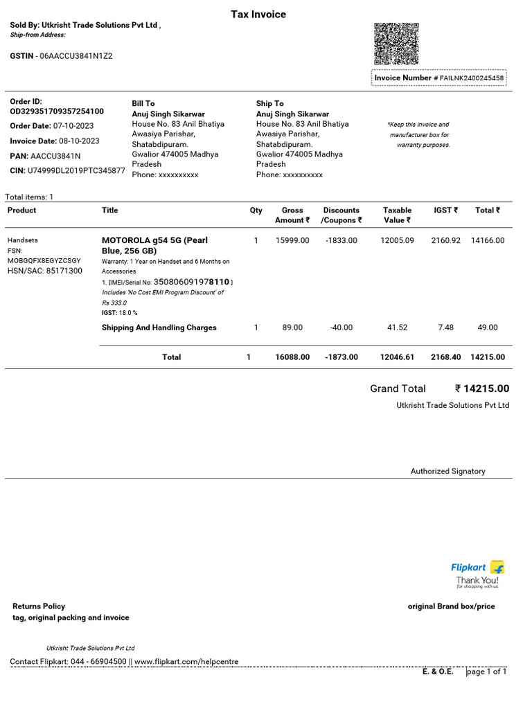Invoice for Motorola g54 5G Purchase | PDF | Payments