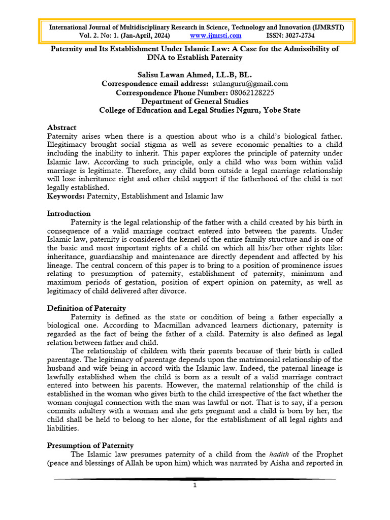 Paternity and Its Establishment Under Islamic Law A Case For The ...
