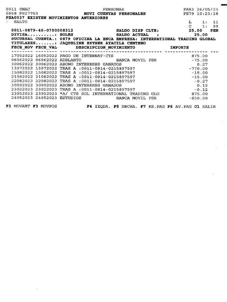 Movimientos Tarjeta de Ahorro - Cts | PDF