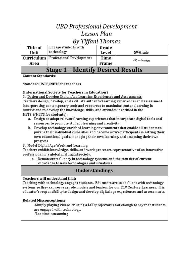 UBD Professional Development Lesson | PDF | Lesson Plan | Learning