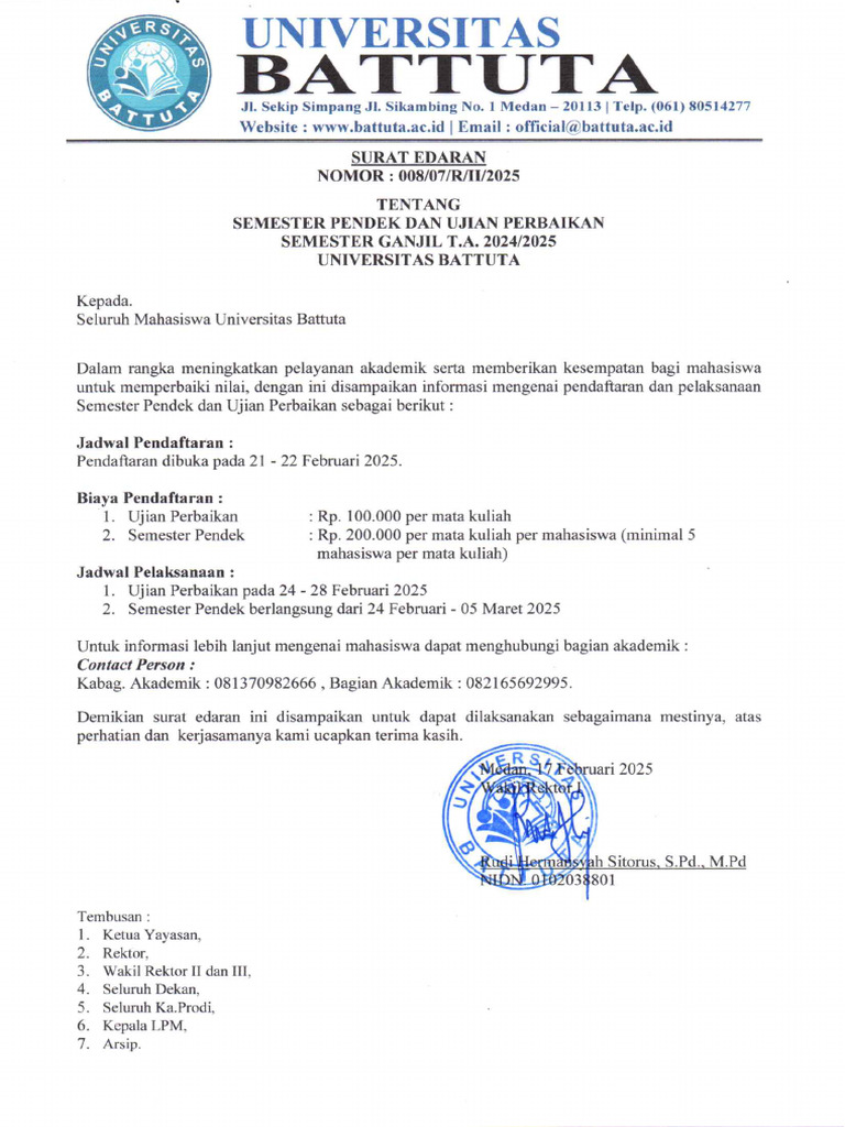 Surat Edaran Tentang Semester Pendek Dan Ujian Perbaikan Semester Ganjil T.A. 2024-2025 ...