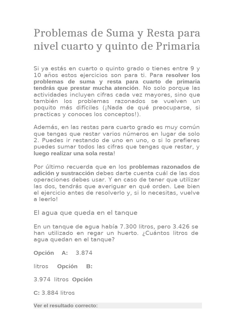 Problemas de Suma y Resta para Primaria | PDF | Matemática Elemental ...