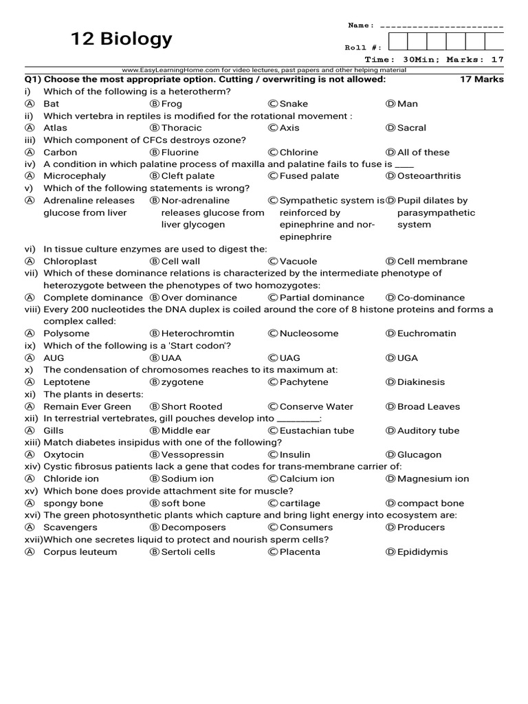 Biology Part 2 Exam Question Paper | PDF | Biology | Meiosis