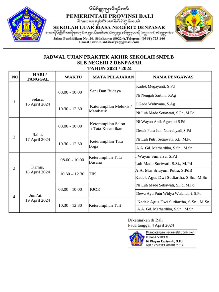 Jadwal Ujian Praktek Akhir SMPLB 2024 | PDF
