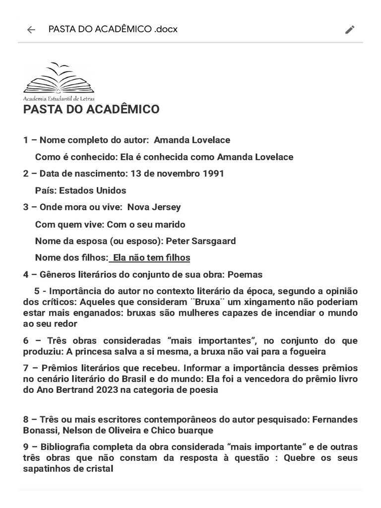 PASTA DO ACADÊMICO .docx | PDF | Contos