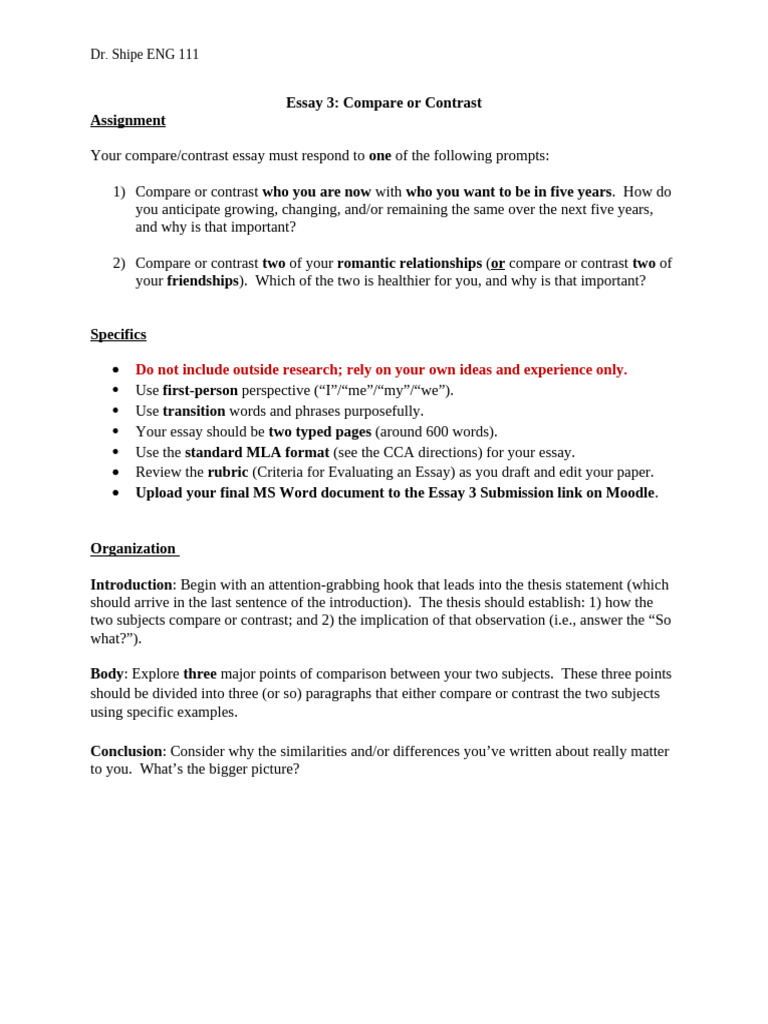 Essay 3 Compare Contrast Assignment Prompt (OV) | PDF