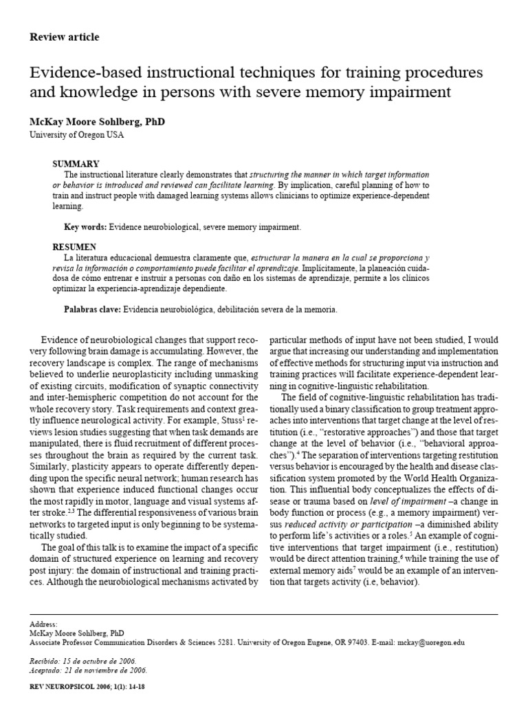 2006 Sohlberg Evidence Based Instructional Techniques For Training Procedures and Knowlegde in ...
